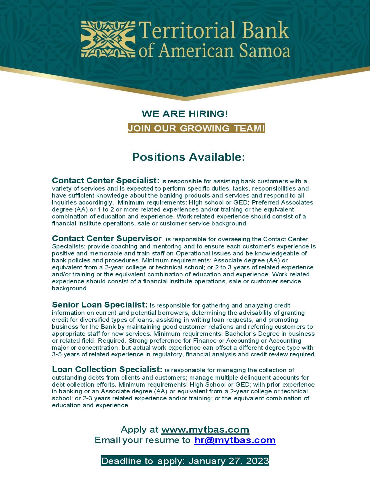 Territorial Bank of American Samoa - CAREER OPPORTUNITIES